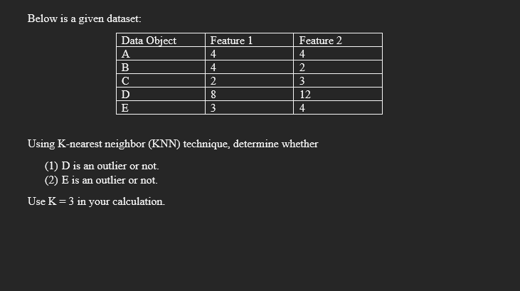 Solved Below is a given dataset: Using K-nearest neighbor ( | Chegg.com