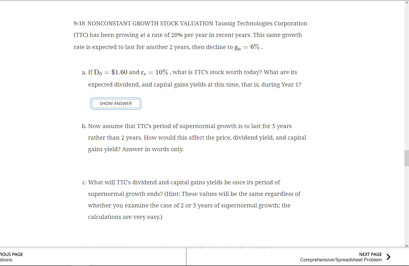 Solved 9-18 NONCONSTANT GROWTH STOCK VALUATION Taussig | Chegg.com