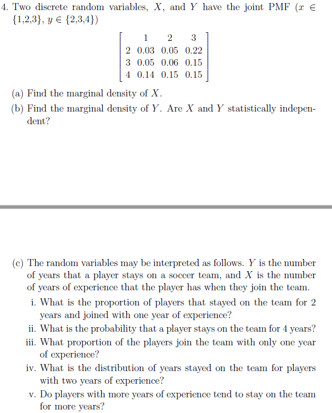 Solved 4. Two discrete random variables, X, and Y have the | Chegg.com