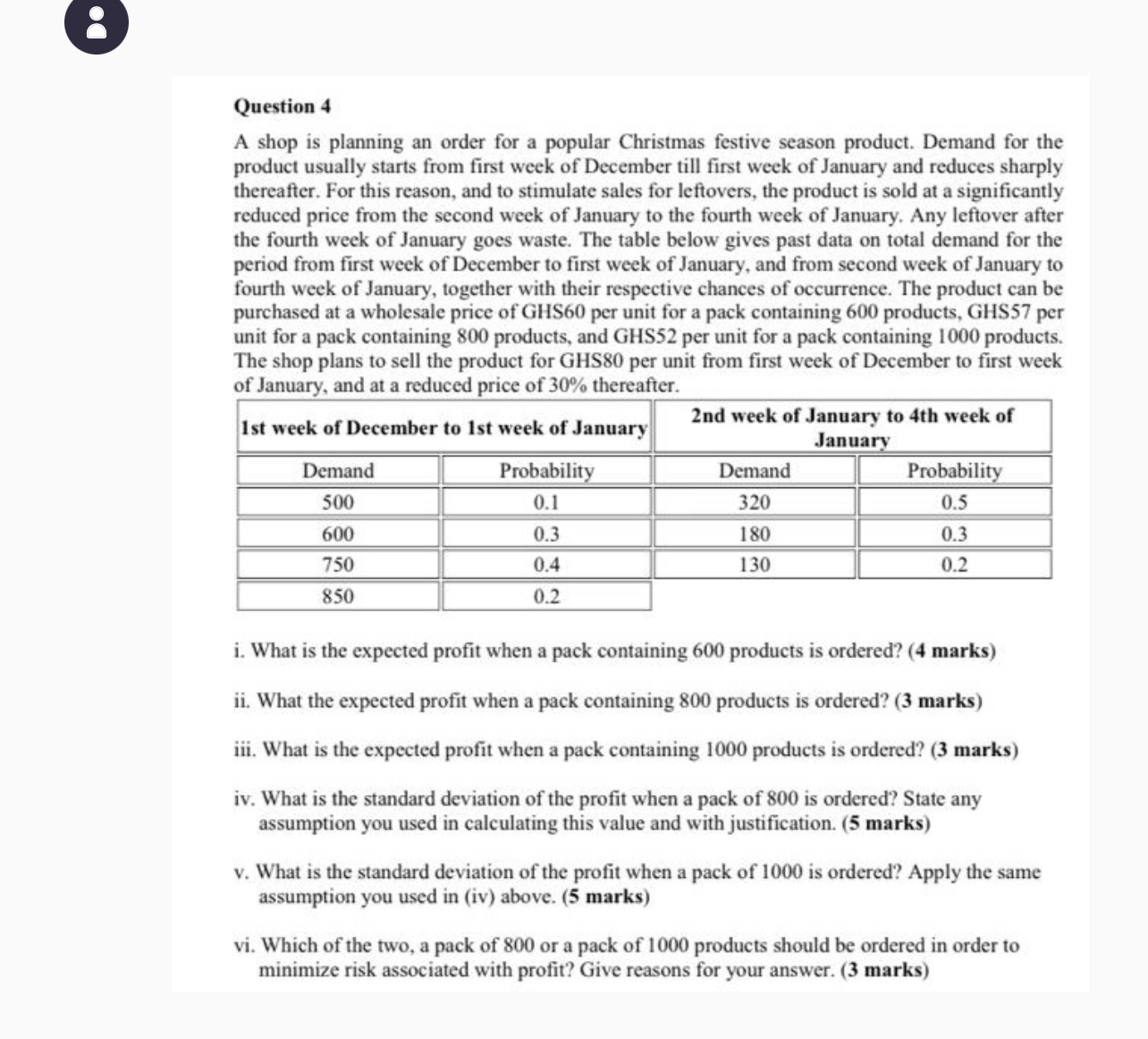 Solved Question 4 ﻿A shop is planning an order for a popular | Chegg.com