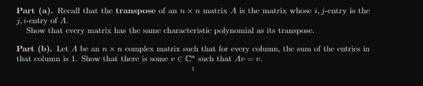 Solved Part (a). Recall that the transpose of an n×n matrix | Chegg.com