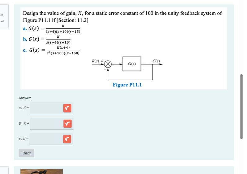 Solved Design the value of gain, K, for a static error | Chegg.com