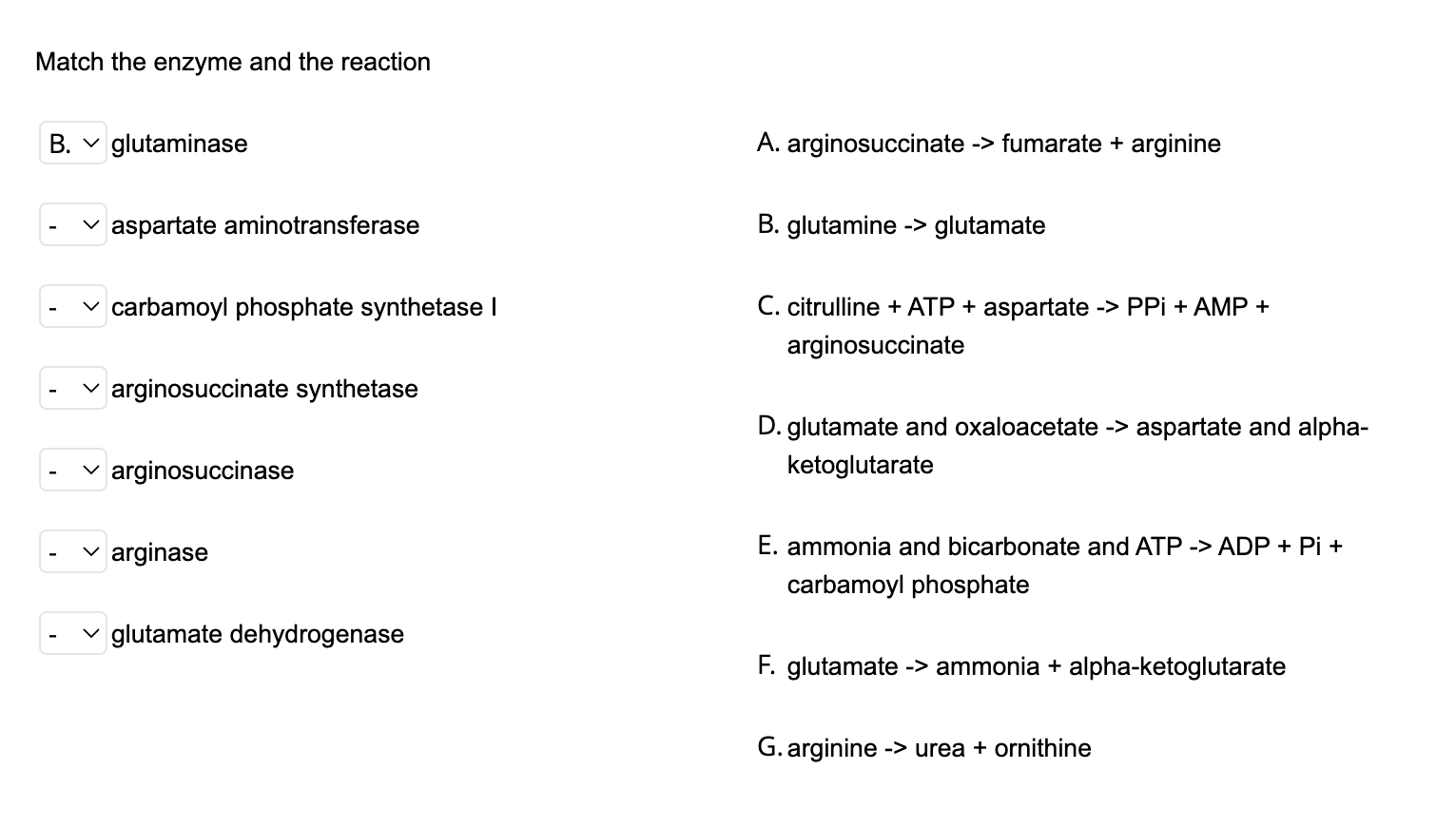 Solved Match the enzyme and the reaction glutaminase A. | Chegg.com