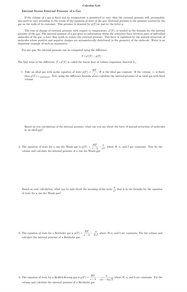 Caleulus Lab Internal Versus External Pressure of a | Chegg.com