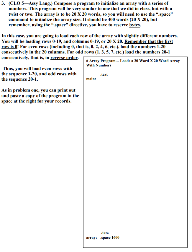 Solved 3. (CLO 5—Assy Lang.) Compose a program to initialize | Chegg.com