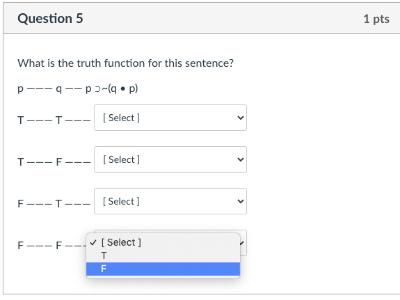 Solved Question 5 1 pts What is the truth function for this | Chegg.com