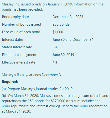 Solved Massey Inc. issued bonds on January 1, 2019. | Chegg.com