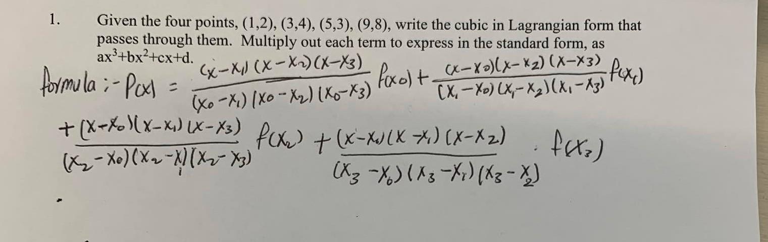 Solved 1. Given the four points, (1,2),(3,4),(5,3),(9,8), | Chegg.com
