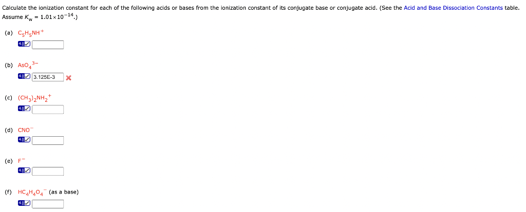 Solved Calculate the ionization constant for each of the | Chegg.com