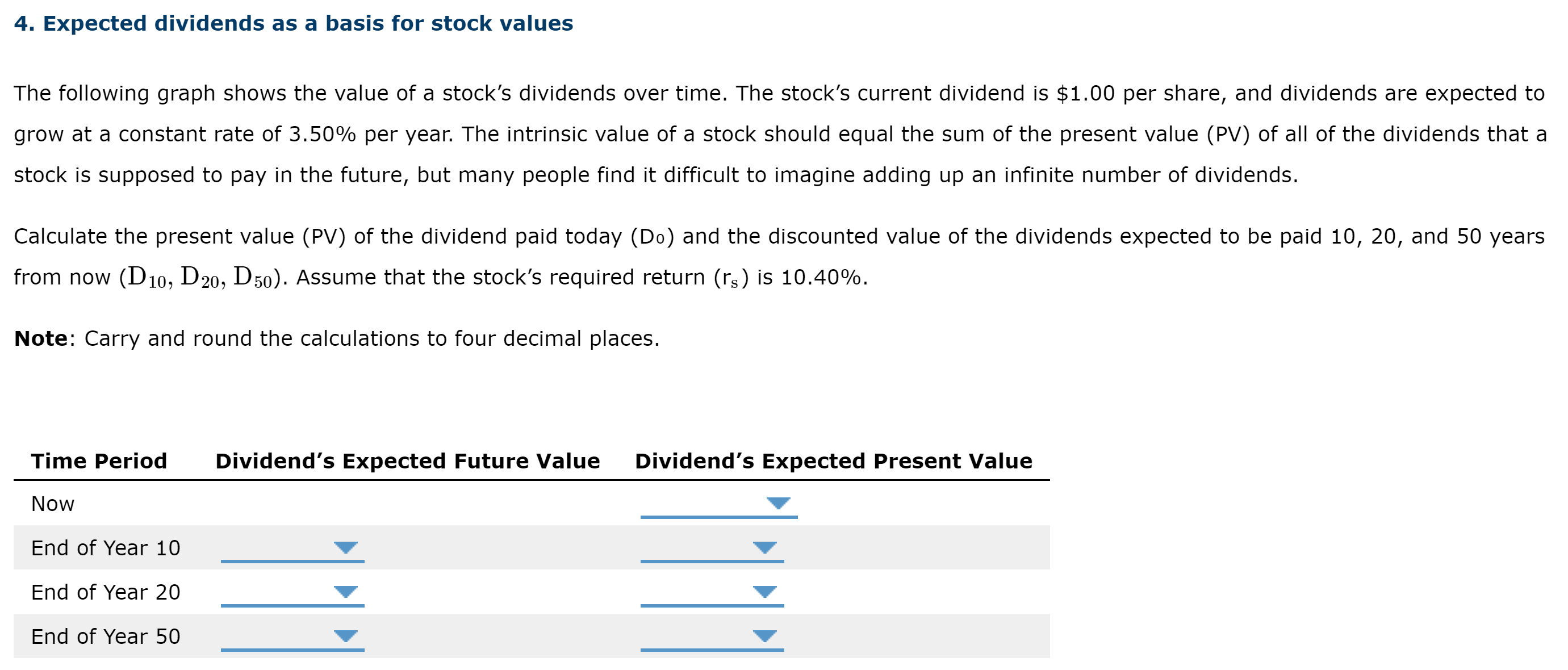 Solved 4. Expected dividends as a basis for stock values The | Chegg.com