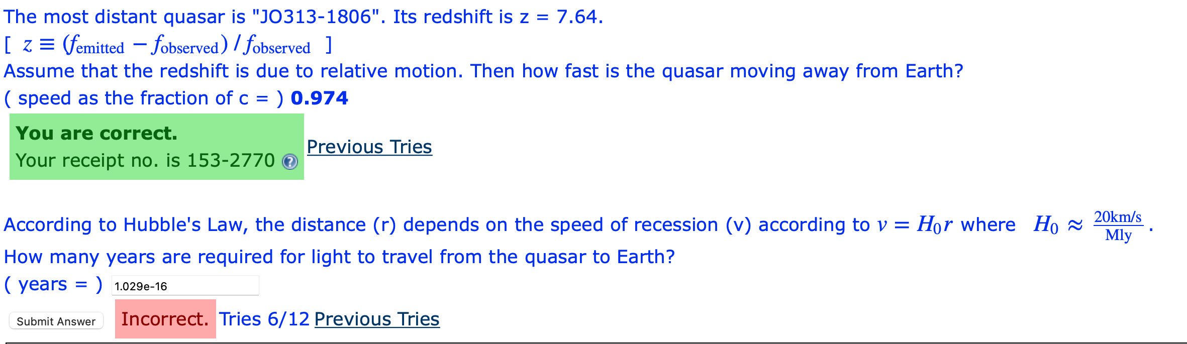 Solved The most distant quasar is "JO313-1806". Its redshift | Chegg.com