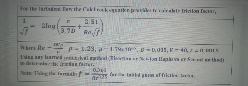 Solved For the turbulent flow the Colebrook equation | Chegg.com