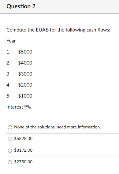 Solved Question 2 Compute the EUAB for the following cash | Chegg.com