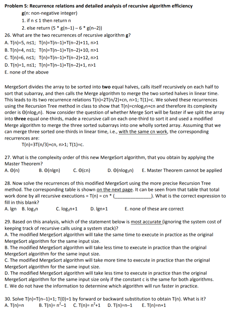 Solved Problem 5: Recurrence relations and detailed analysis | Chegg.com