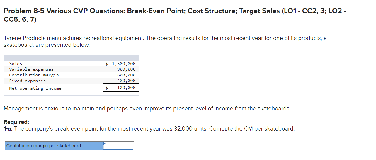 Solved Problem 8-5 Various CVP Questions: Break-Even Point; | Chegg.com
