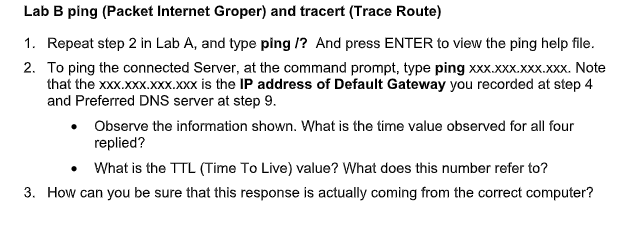 Solved Lab B ping (Packet Internet Groper) and tracert | Chegg.com