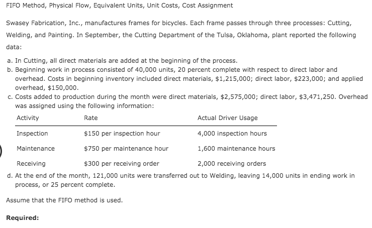 Solved FIFO Method, Physical Flow, Equivalent Units, Unit | Chegg.com