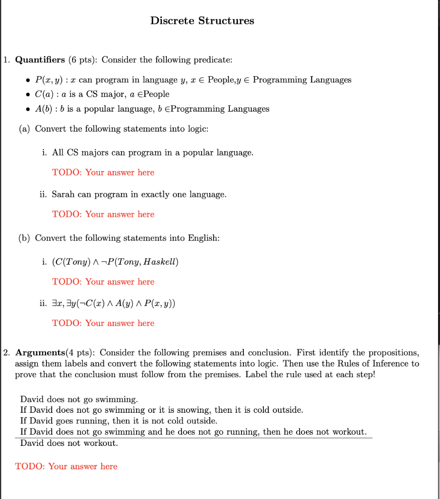 Solved Discrete Structures 1. Quantifiers (6 pts): Consider | Chegg.com