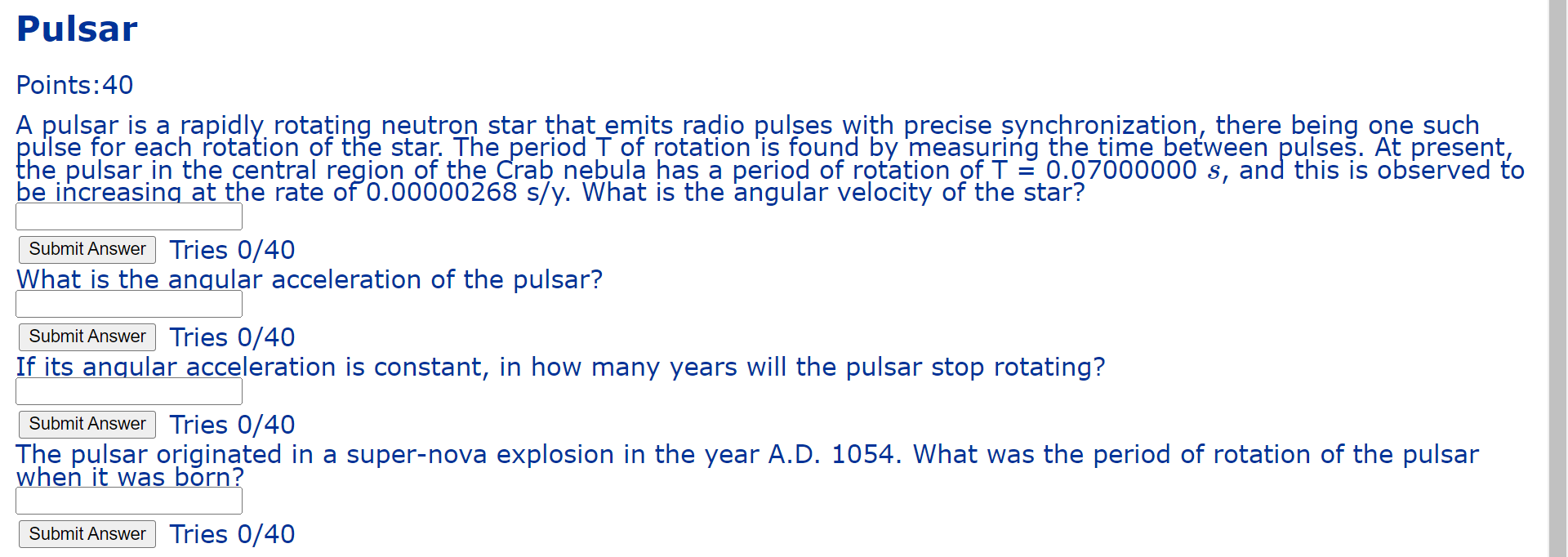Solved Pulsar Points:40 A pulsar is a rapidly rotating | Chegg.com