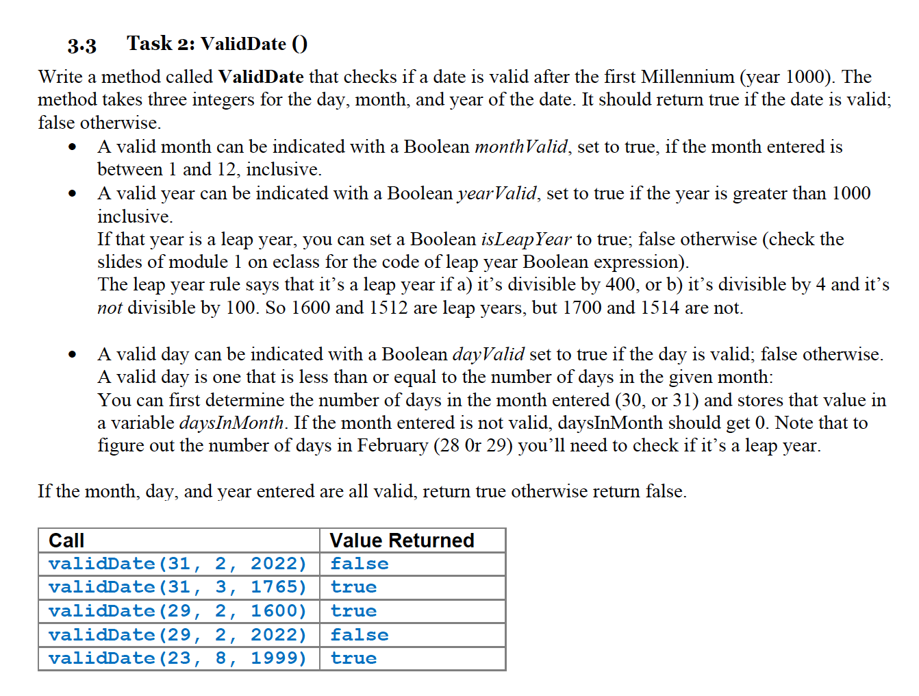 Solved 3.3 Task 2: ValidDate () Write a method called | Chegg.com