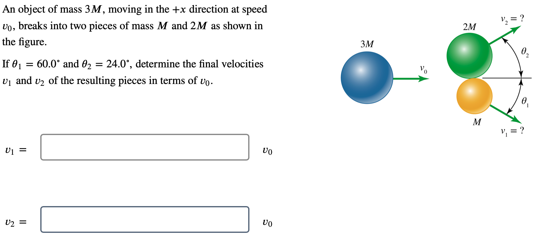 Solved An object of mass 3M, moving in the +x direction at | Chegg.com