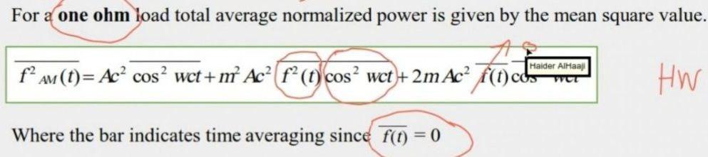 Solved For a one ohm load total average normalized power is | Chegg.com