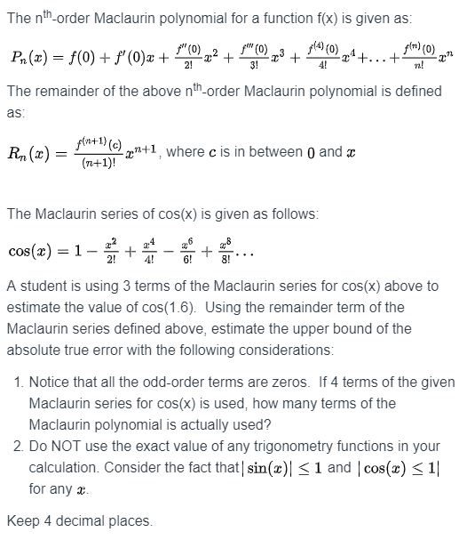 Solved The nth-order Maclaurin polynomial for a function | Chegg.com