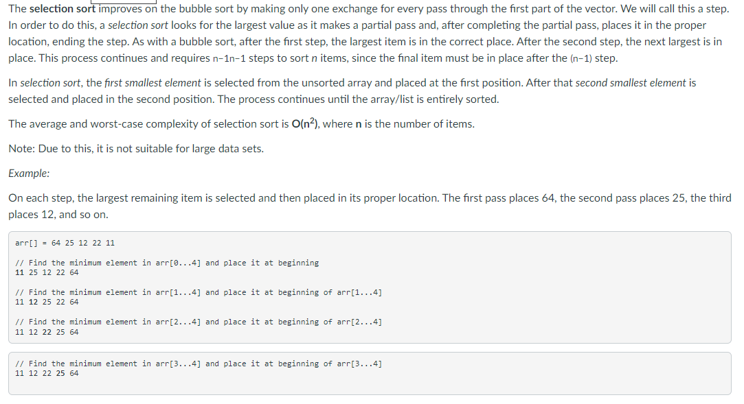 Solved The selection sort improves on the bubble sort by | Chegg.com