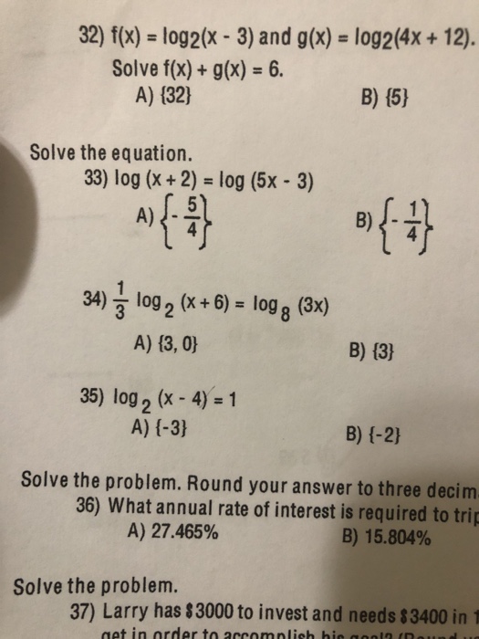Solved 32) f(x) = log2(x-3) and g(x) = log2(4x + 12). Solve | Chegg.com Solved 32) f(x) = log2(x-3) and g(x) = log2(4x + 12). Solve | Chegg.com