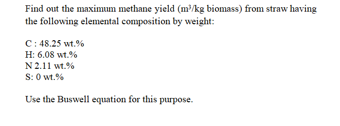 Solved Find out the maximum methane yield (m3/kg biomass) | Chegg.com