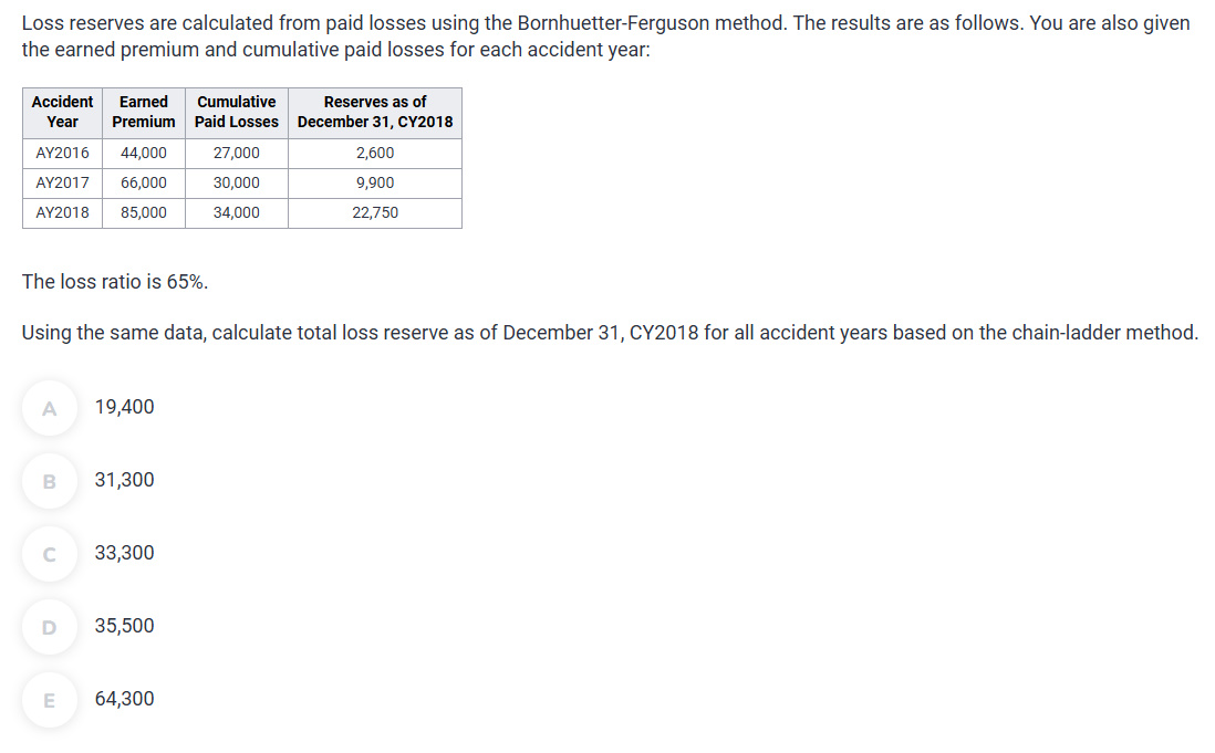 Solved by an EXPERT Loss reserves are calculated from paid losses using ...