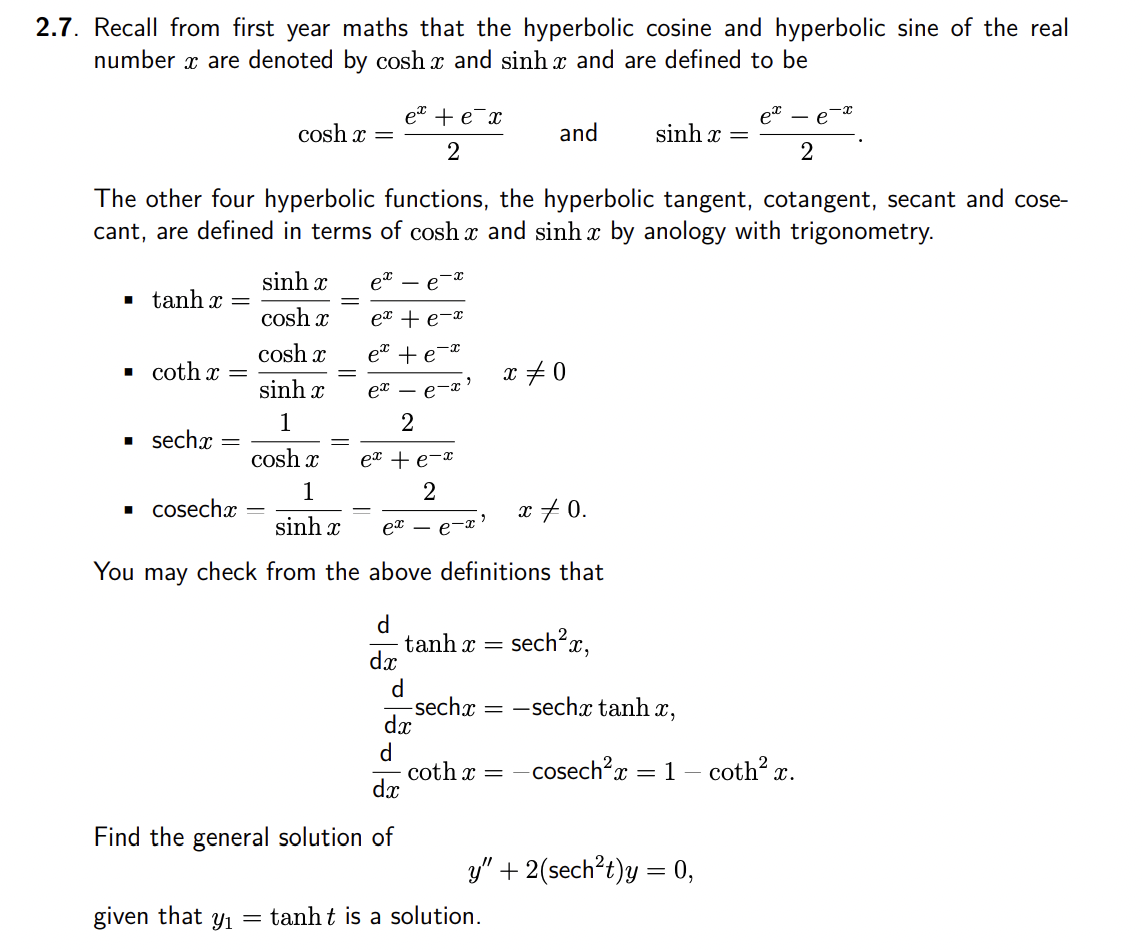 Solved 7. Recall from first year maths that the hyperbolic | Chegg.com