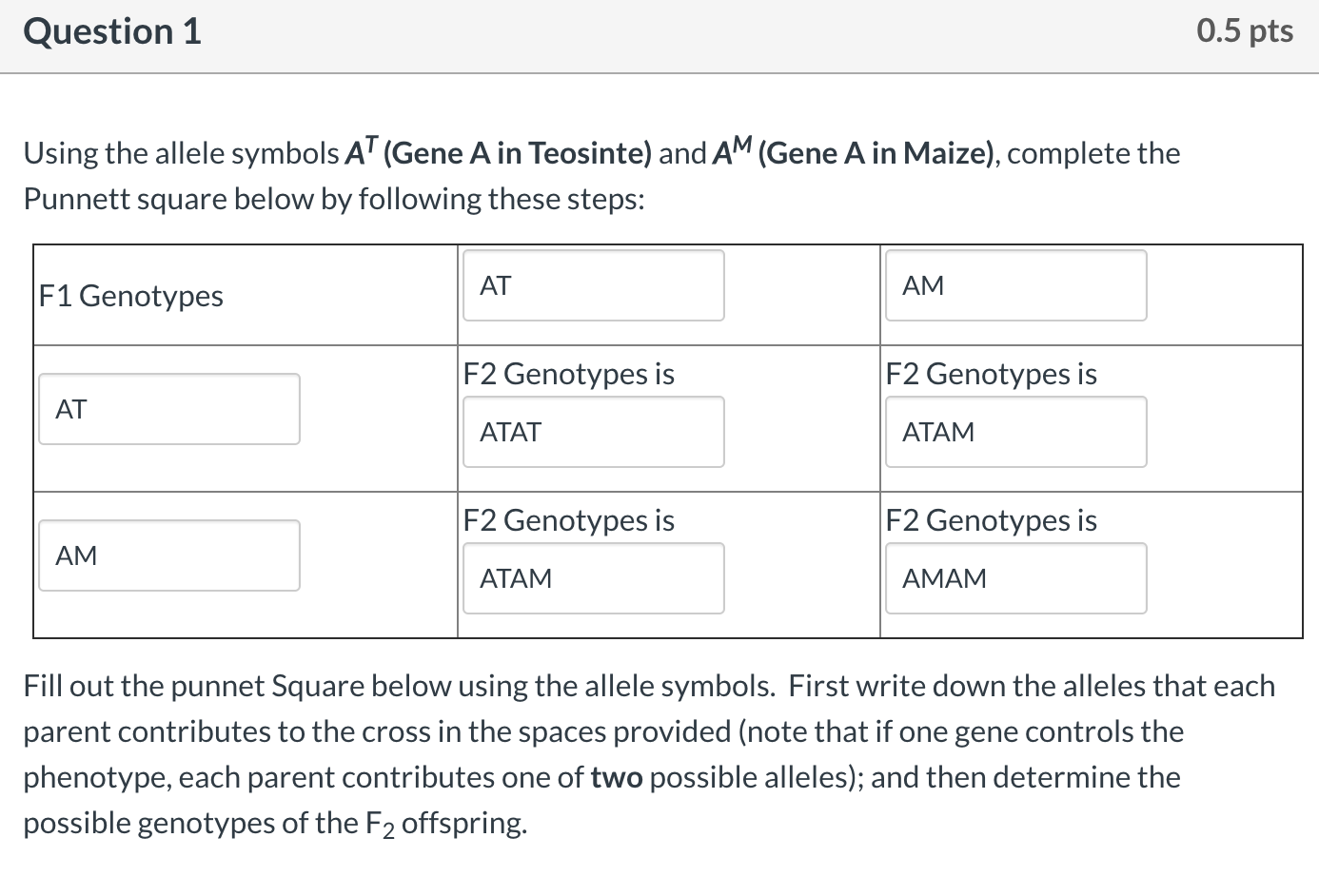 Question 1 0.5 pts Using the allele symbols AT (Gene | Chegg.com