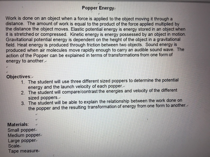 Objectives launch velocity of each popper. 1. The | Chegg.com