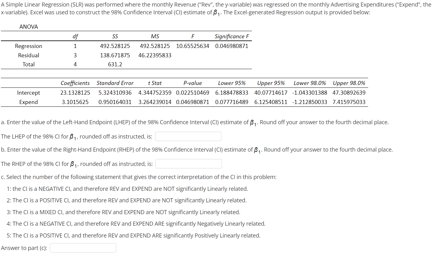 Solved A Simple Linear Regression (SLR) was performed where | Chegg.com