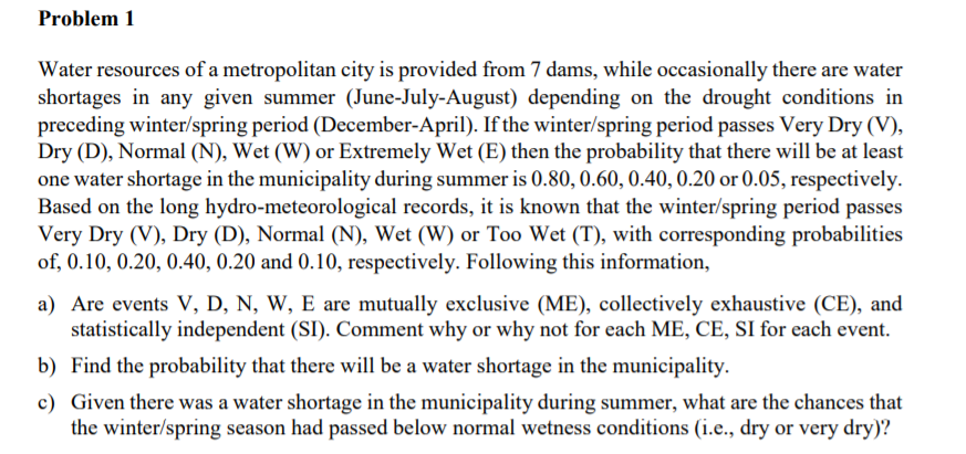 Solved Problem 1 Water resources of a metropolitan city is | Chegg.com