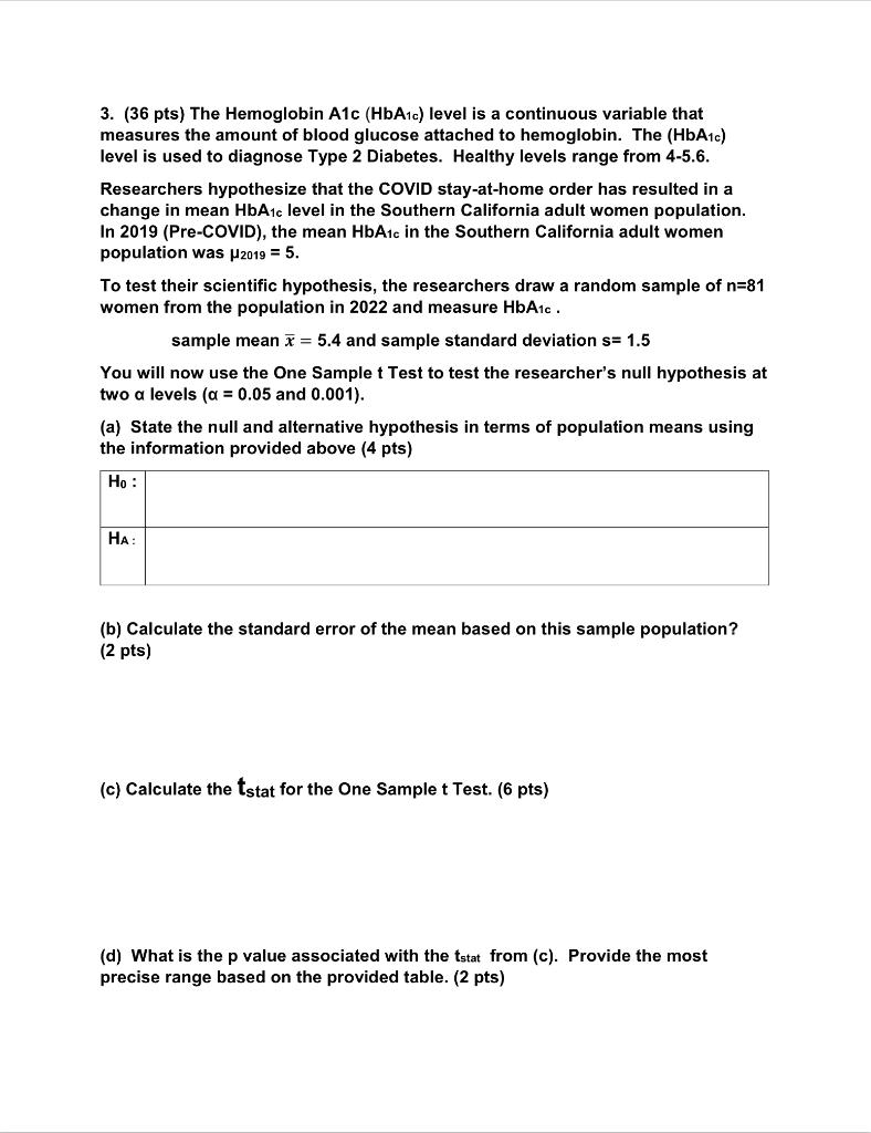 Solved 3. (36 pts) The Hemoglobin A1c (HbA1c) level is a | Chegg.com