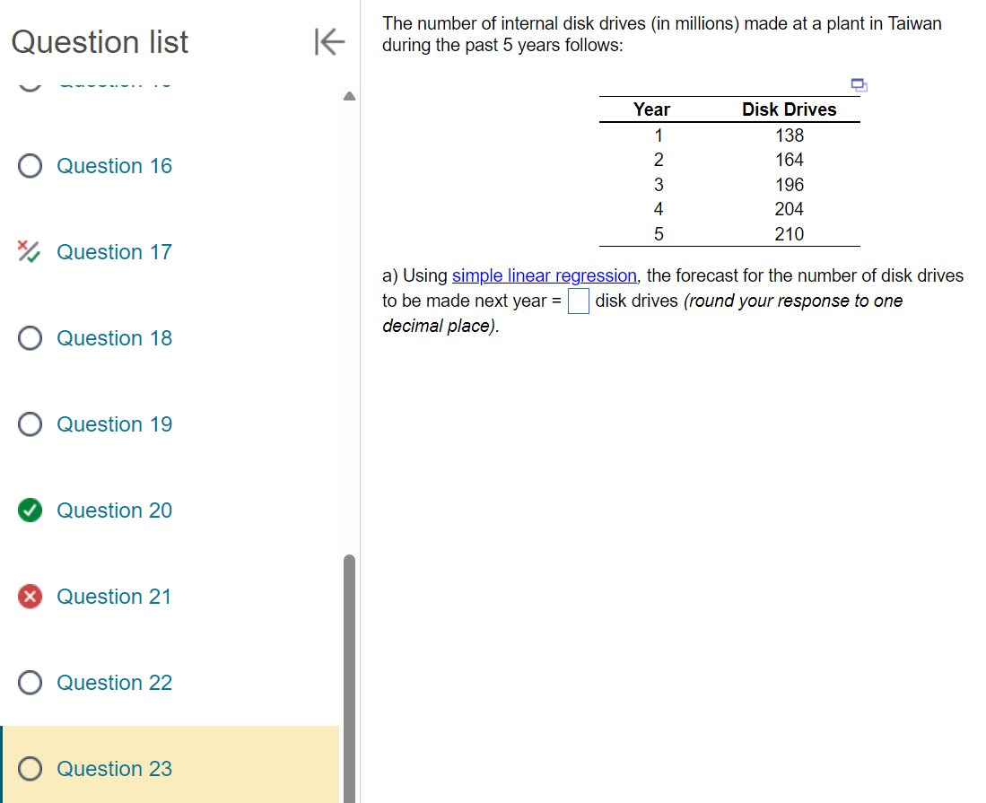 Solved Question list Question 16 Question 17 Question 18 | Chegg.com