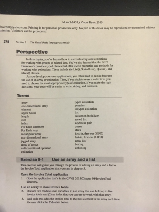 Solved Murach's Visual Basic 2015 bwi920@yahoo.com. Printing | Chegg.com