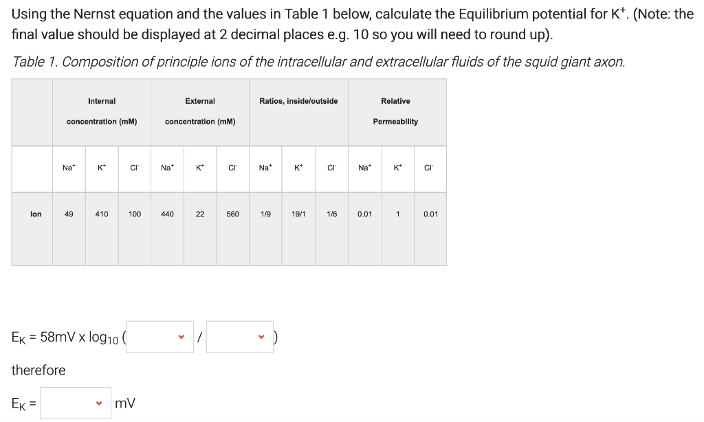 Solved Using the Nernst equation and the values in Table 1 | Chegg.com