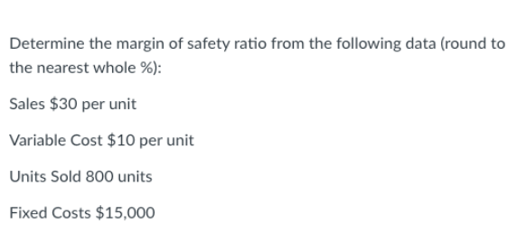 Solved Determine the margin of safety ratio from the | Chegg.com