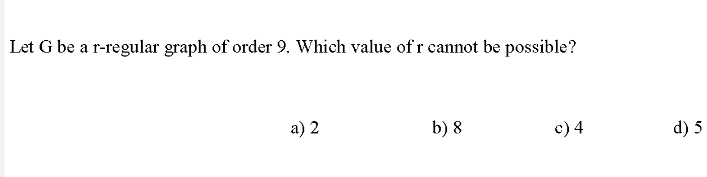 Solved Let G be a r-regular graph of order 9. Which value of | Chegg.com