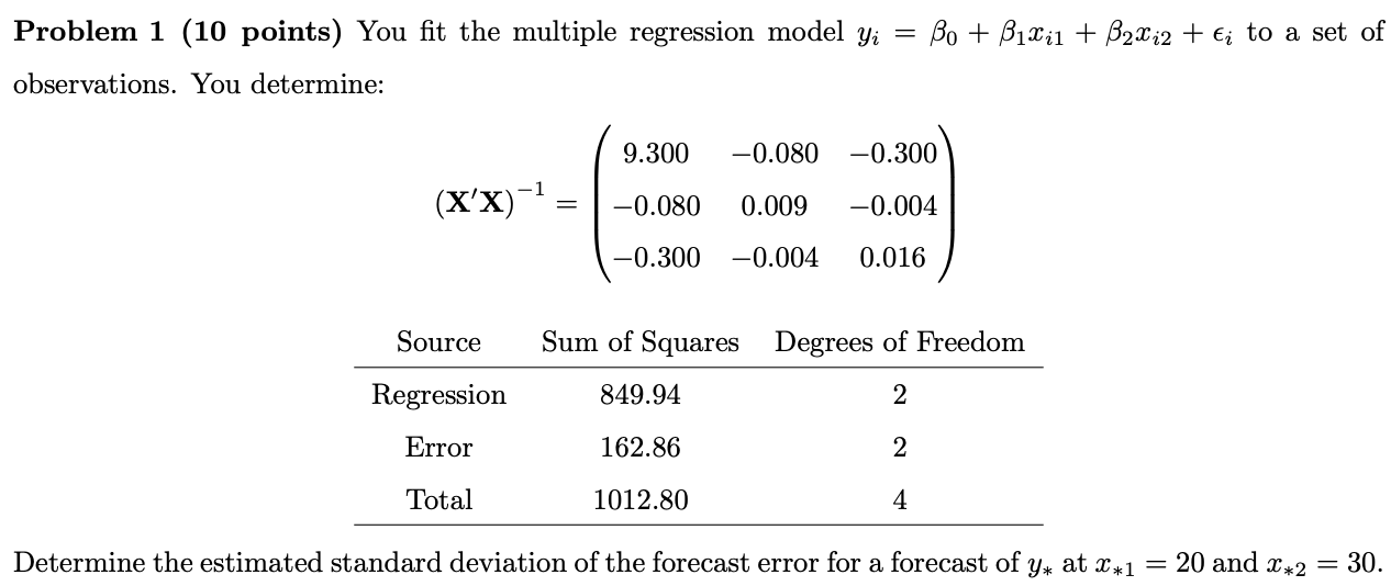 You fit the multiple regression model yi = β0 + β1xi1 | Chegg.com