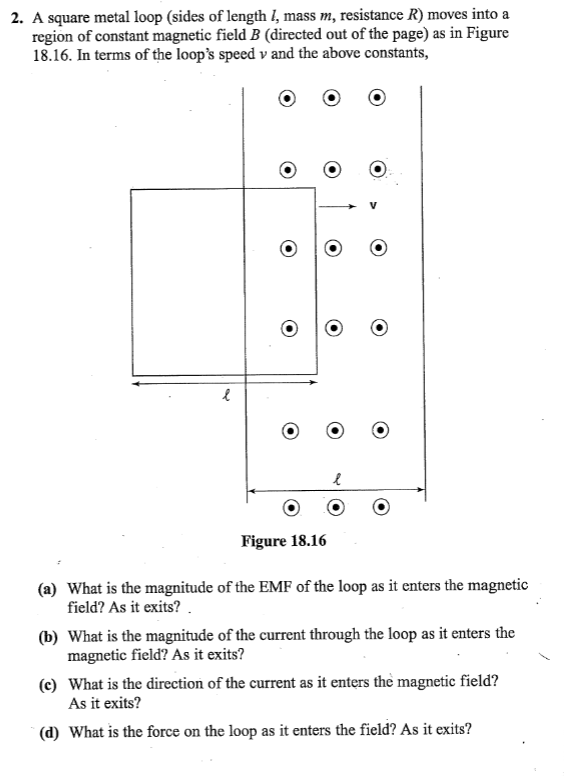 Solved 2. A square metal loop (sides of length l, mass m, | Chegg.com