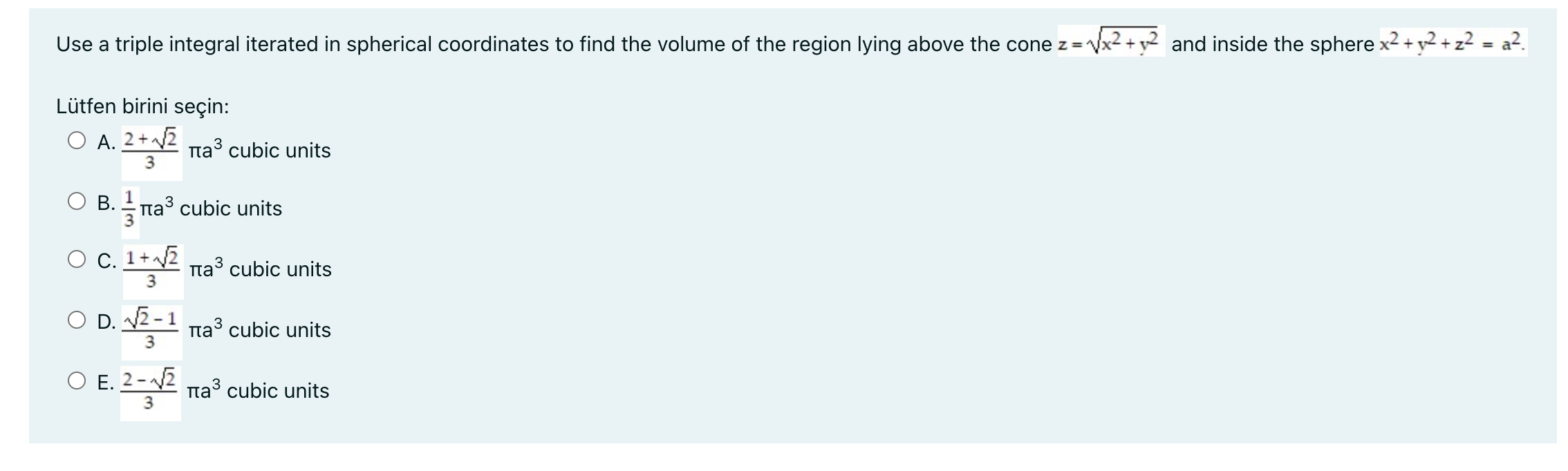 Solved Use a triple integral iterated in spherical | Chegg.com