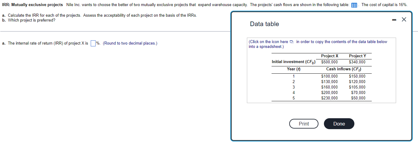 Solved b. Which project is preferred? Data table a. The | Chegg.com
