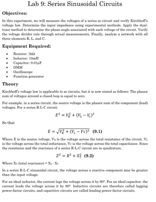 Solved Lab 9: Series Sinusoidal Circuits Objectives: In this | Chegg.com