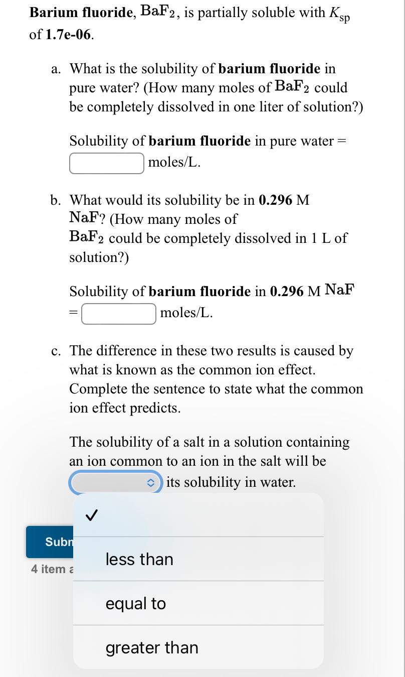 Solved Barium fluoride, BaF2, is partially soluble with Ksp | Chegg.com