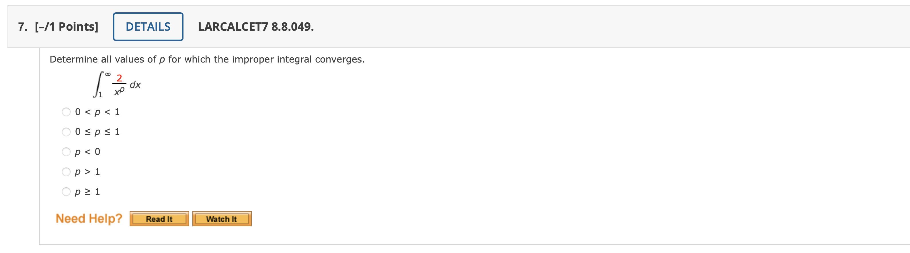 Solved Determine all values of p for which the improper | Chegg.com