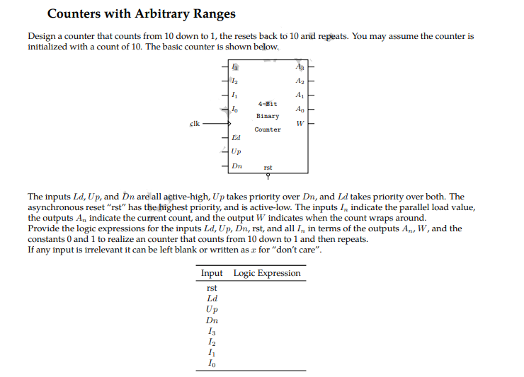 Solved Design a counter that counts from 10 down to 1 , the | Chegg.com